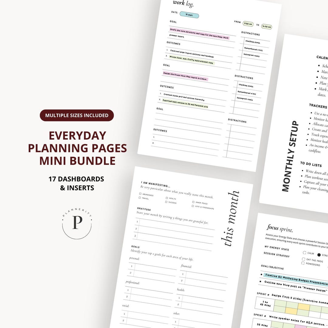 Minimalist Daily Focus Planner Bundle | Printable Productivity Inserts ...