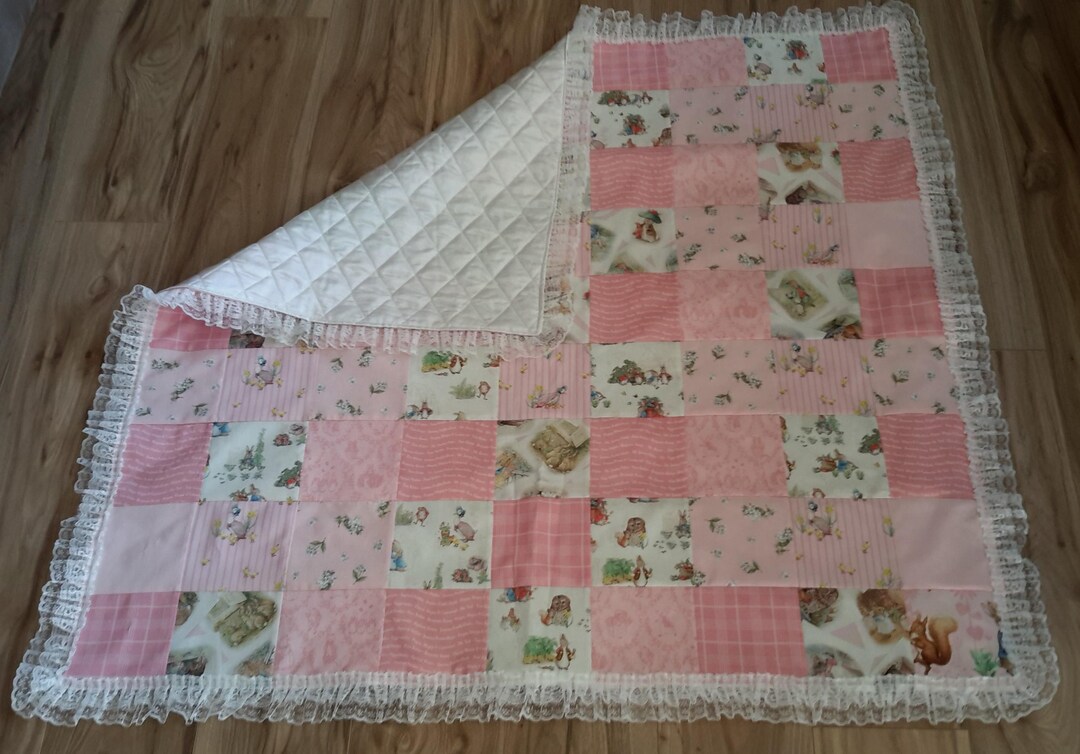 Handmade Peter Rabbit Baby Quilt, White Quilted Backing and Double Lace ...