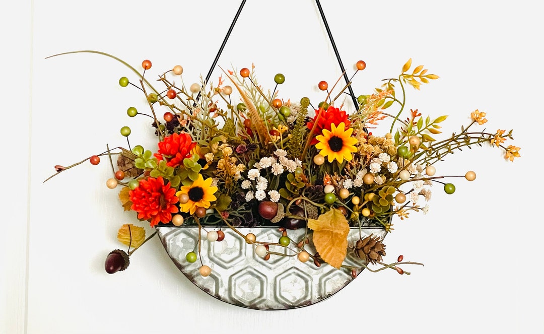 Fall Floral Wall Hanger, Metal Decor, Wall Pocket Floral, Silk Floral ...