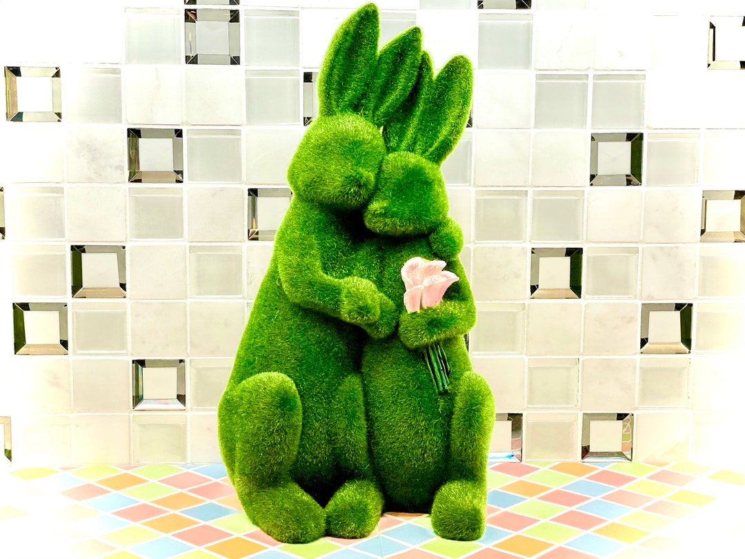 Moss Covered Bunny Couple, Easter Tabletop Décor, Green Flocked Rabbits ...