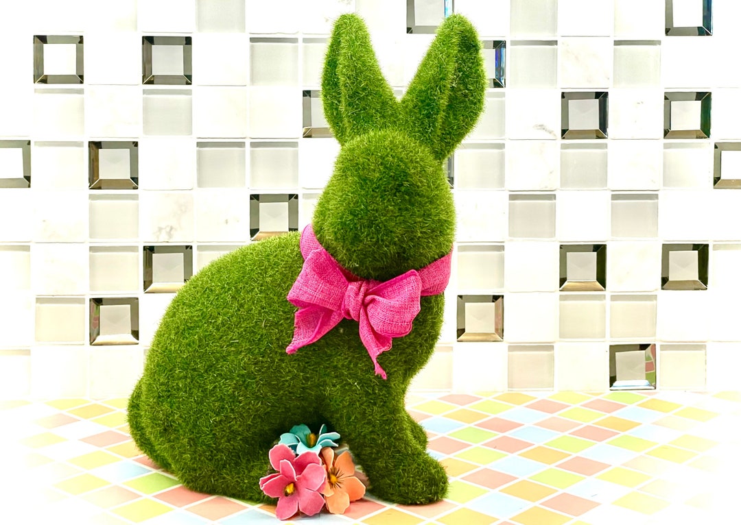 Moss Covered Bunny, Easter Tabletop Décor, Green Flocked Rabbit, Easter ...