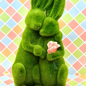 Moss Covered Bunny Couple, Easter Tabletop Décor, Green Flocked Rabbits ...