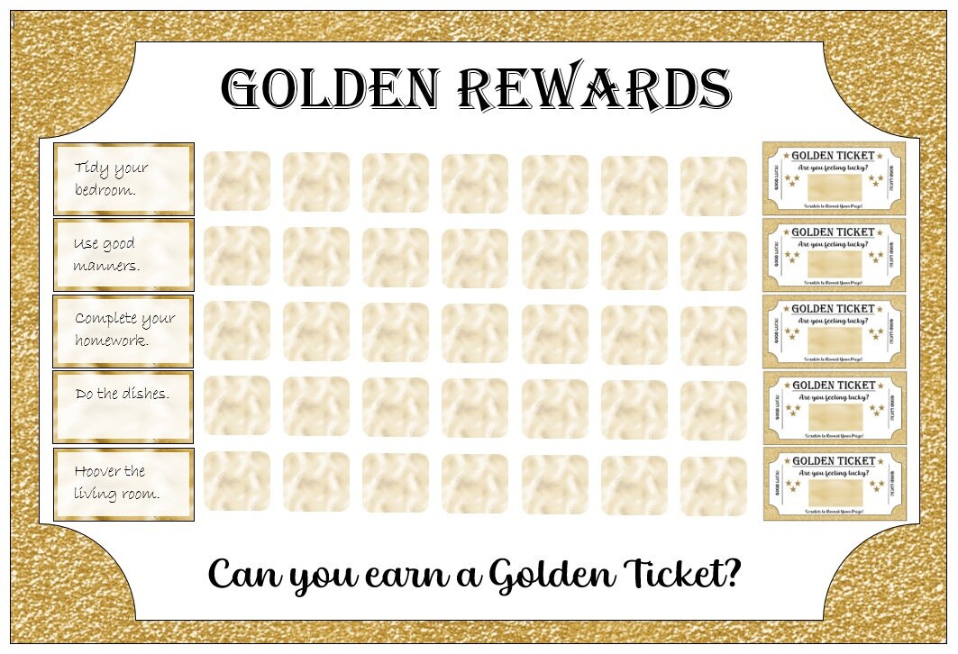 Reward Chart With Golden Ticket Rewards for Home or School. Reward Good ...