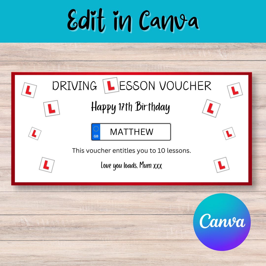 Driving Lesson Voucher, New Driver, Birthday Voucher, Personalised ...