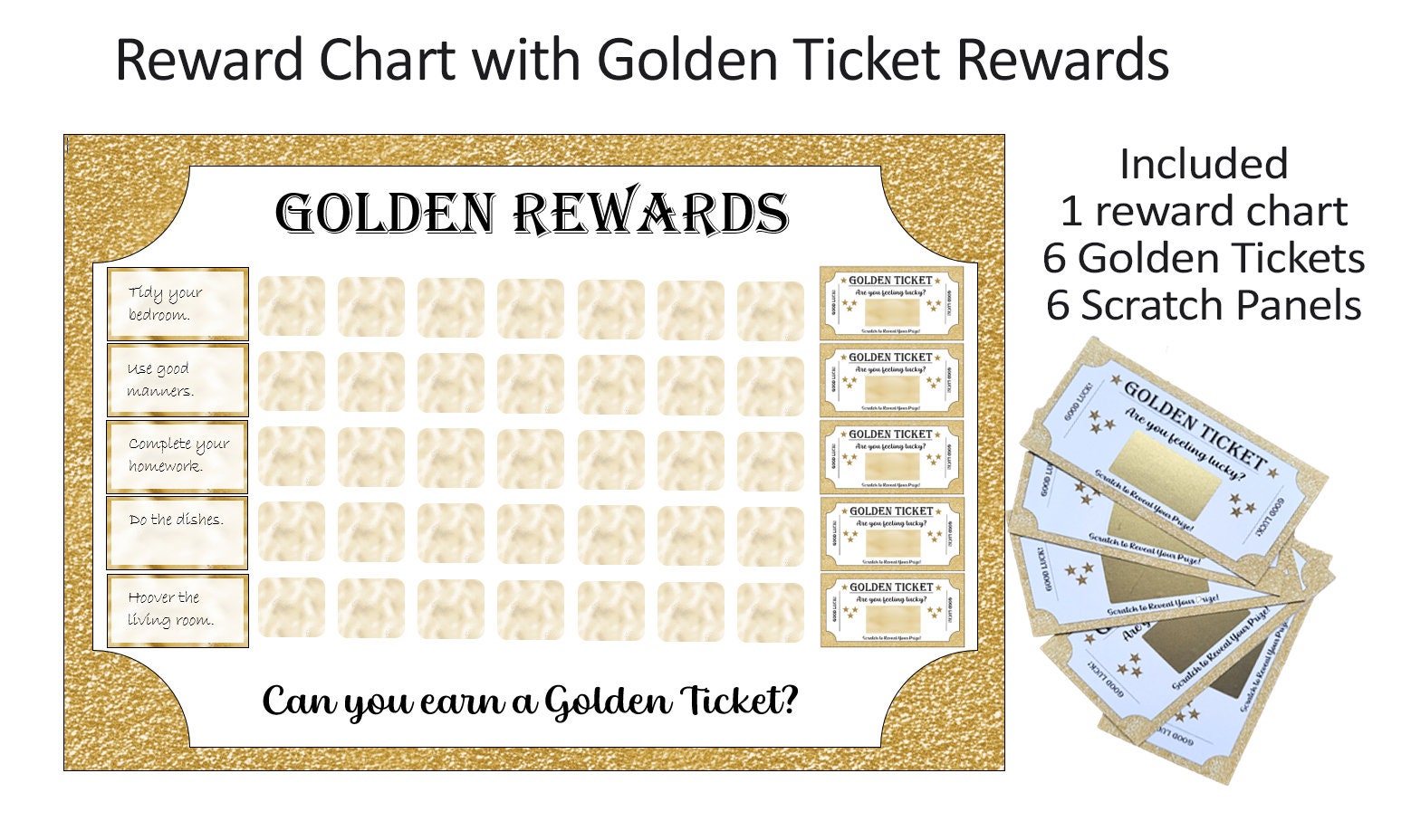 Reward Chart With Golden Ticket Rewards for Home or School. Reward Good ...