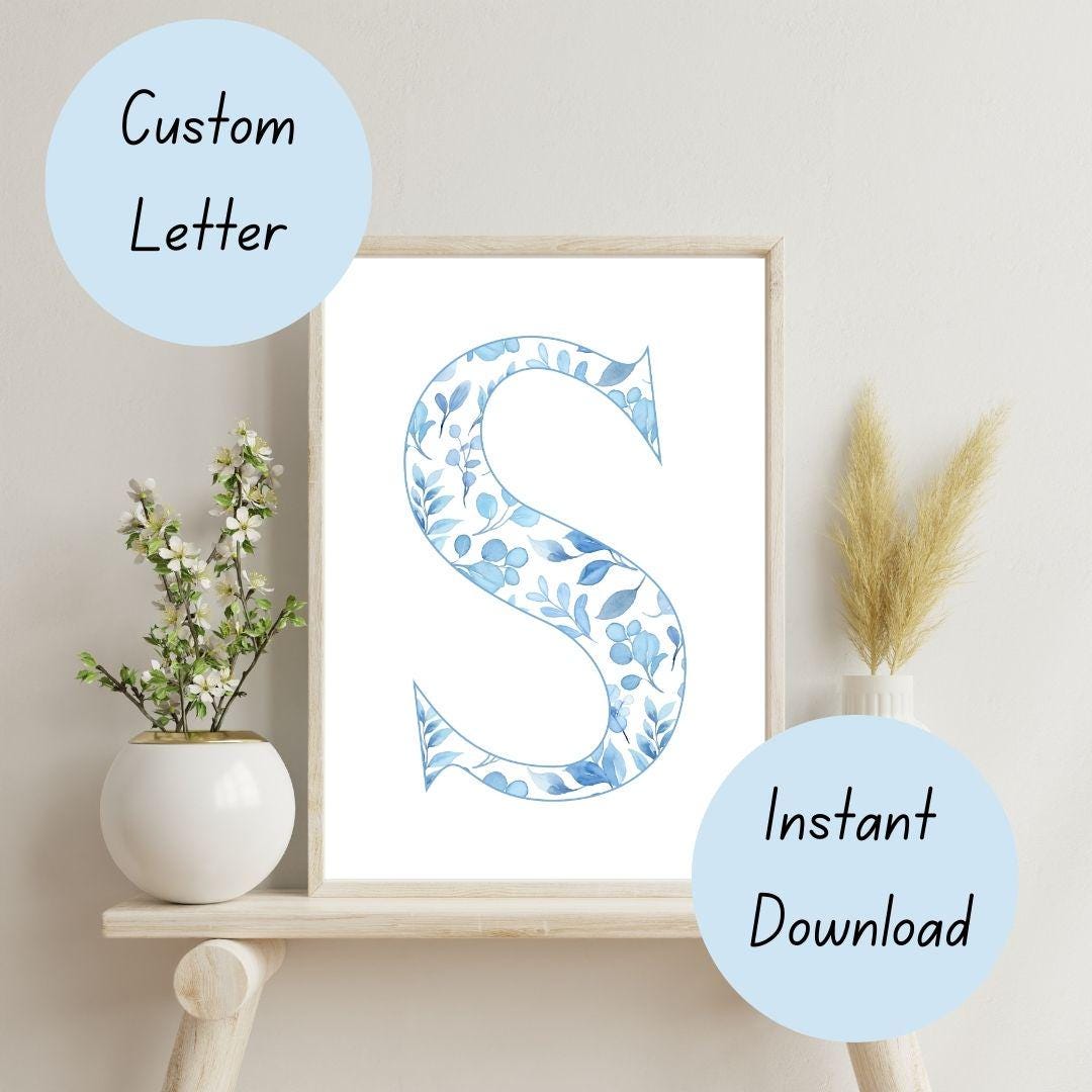 Coastal Blue Floral Letter Print: Custom Initial Wall Art (digital ...