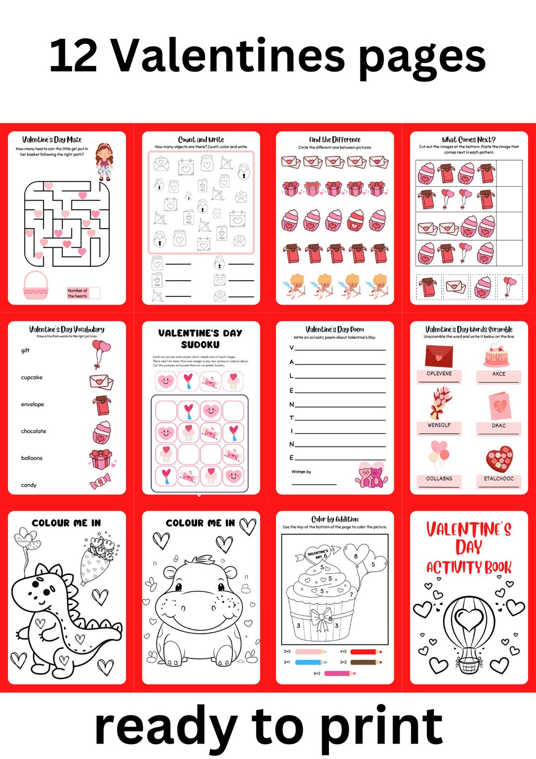 Valentines Activity Packs for Kids Digital Download, 12 Pages to Print ...