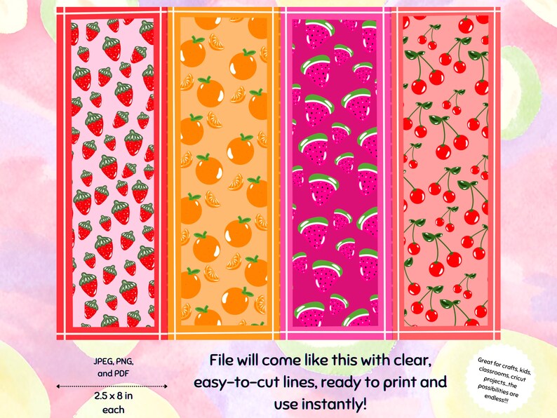 Fruity Bookmarks: Strawberry, Cherry, Orange, Watermelon (PNG/JPEG/PDF ...