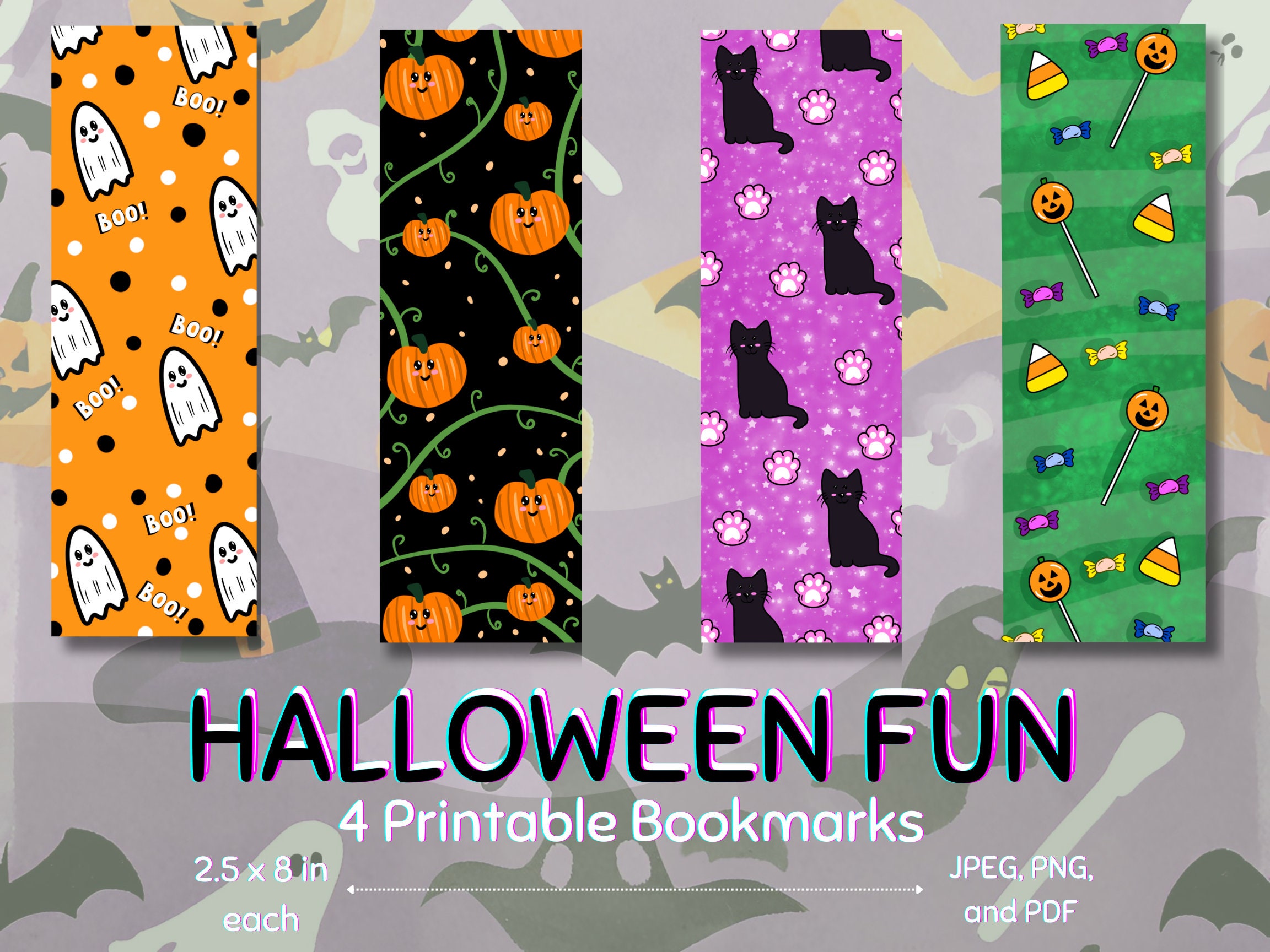 Printable Bookmarks Halloween Fun Ghosts Pumpkins Black Cats Candy PNG ...