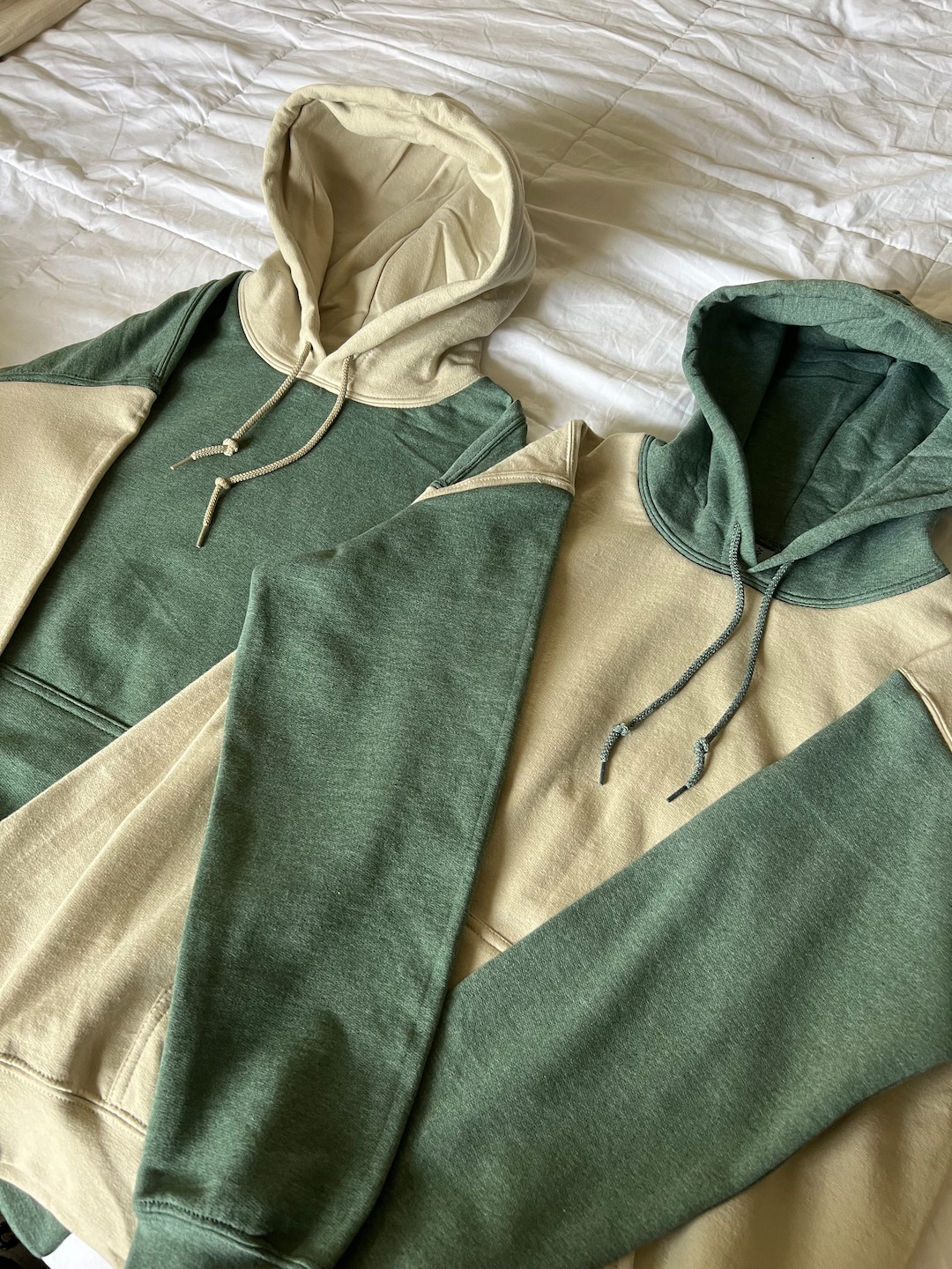 Two Matching Colorblock Hoodies, Green and Sand Two Tone Couple ...