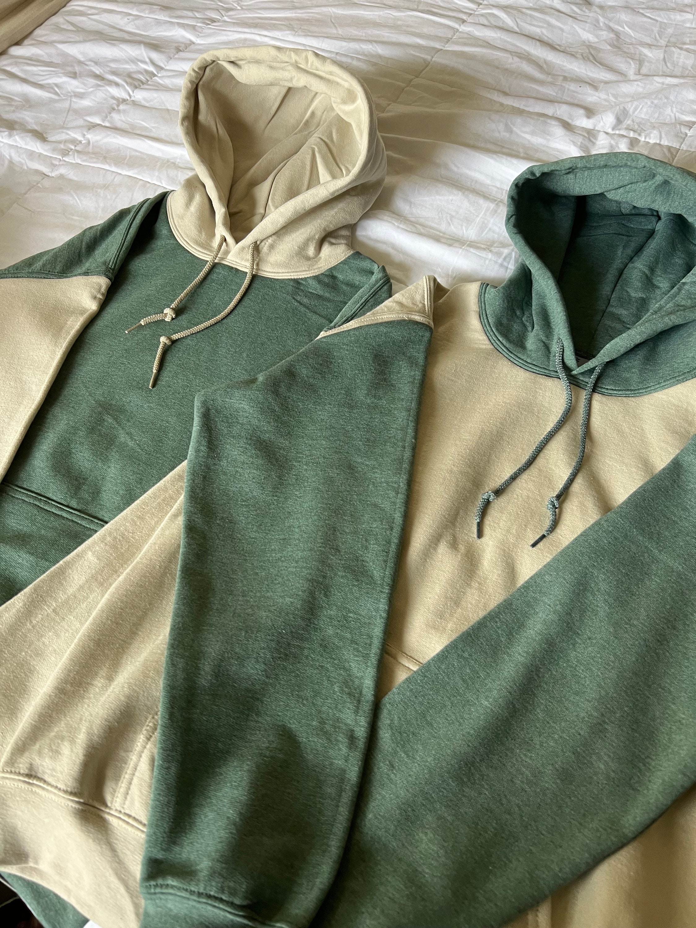 Set of 2 Matching Colorblock Couple Hoodies: Green & Sand Two-tone ...