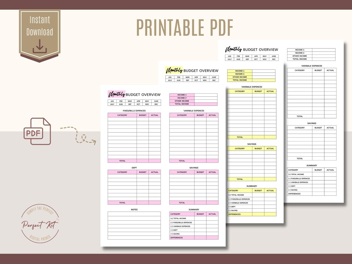 Monthly Budget Overview Template, Monthly Income & Expense Recorder ...