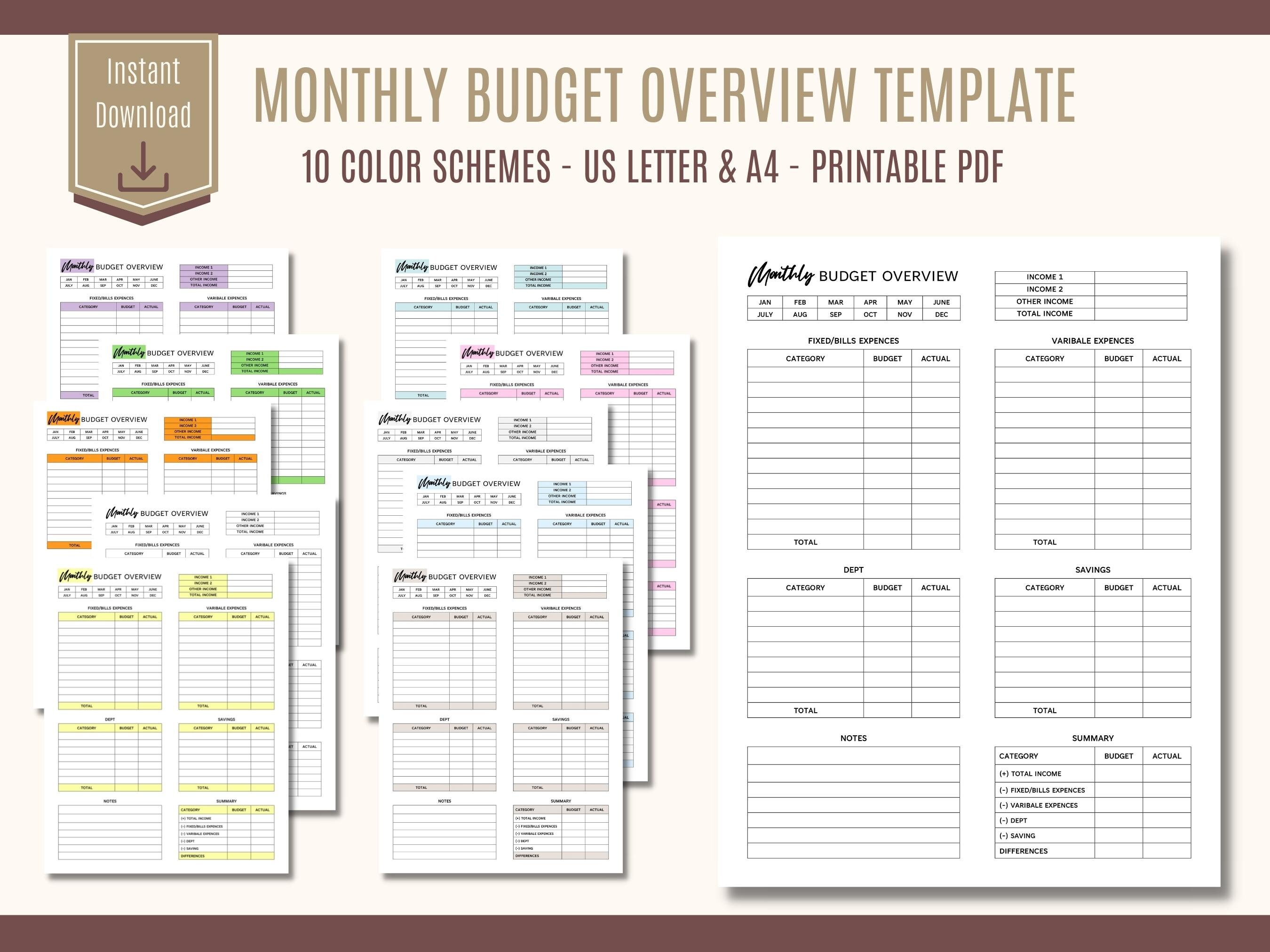 Monthly Budget Overview Template, Monthly Income & Expense Recorder ...