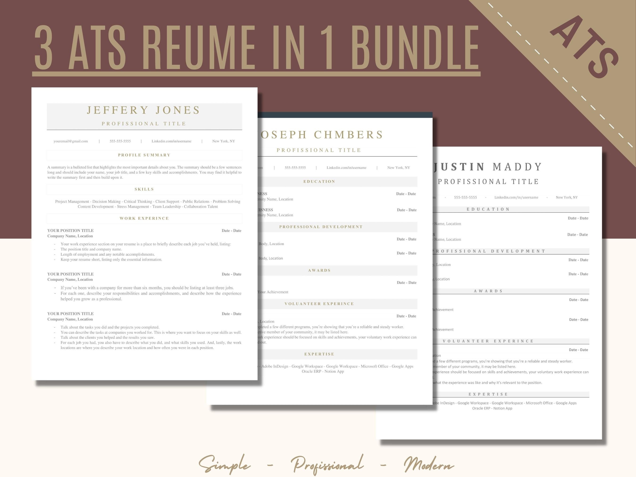 ATS Resume Template Bundle, Ats Compliant Resume, CV Word, Instant ...