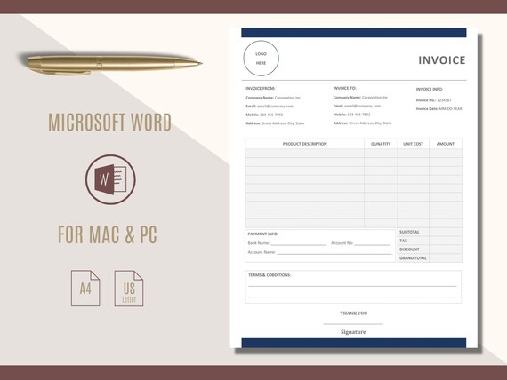 Blue Invoice Template Word Invoice Business Invoice - Etsy