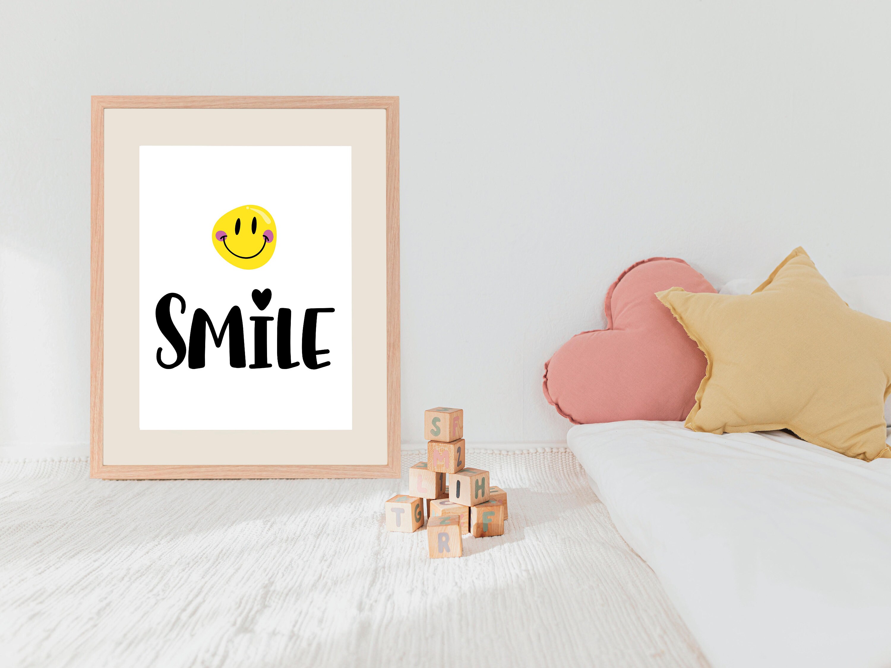 Yellow Smiley Print, Nursery Wall Art, Kids Positive Wall Decor ...
