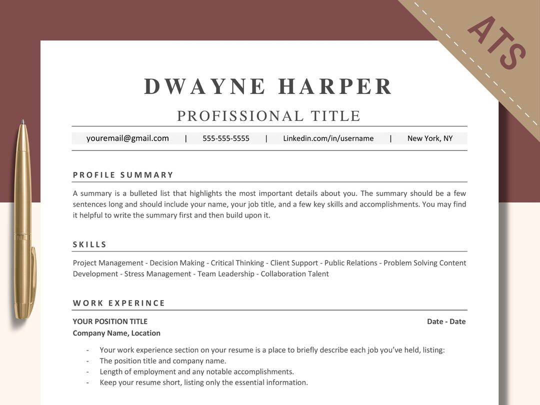 Professional Resume Template ATS, Simple Resume Format, Ats Friendly ...