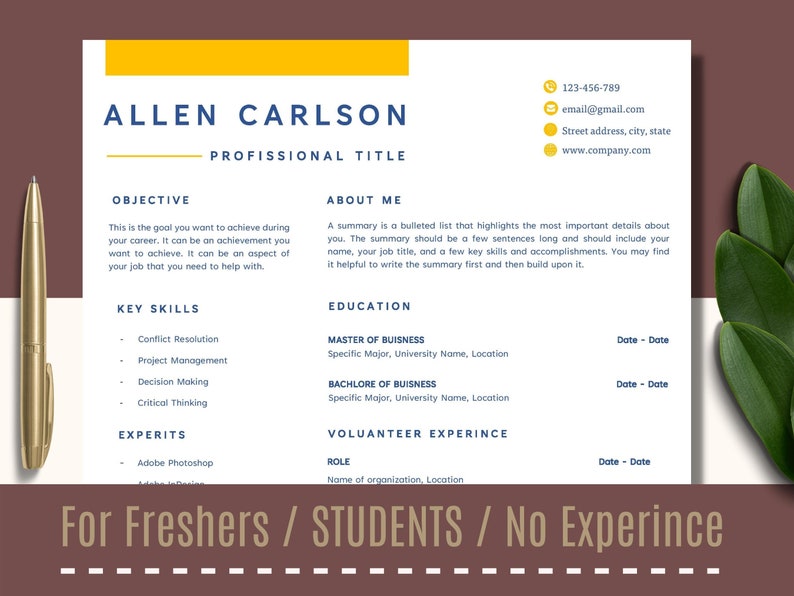 Resume Template for Freshers College Resume Template for - Etsy