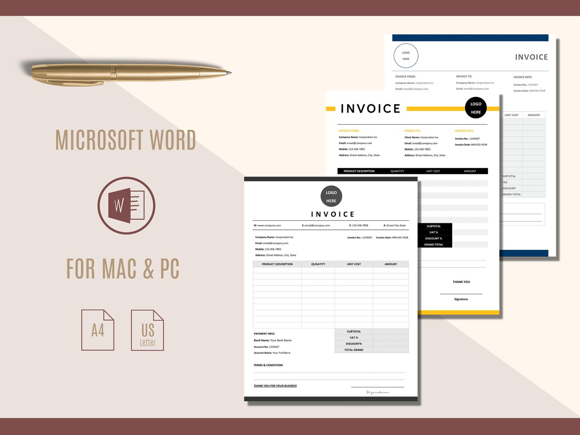 Invoice Template Word, Invoice Template Download, Editable Template for ...