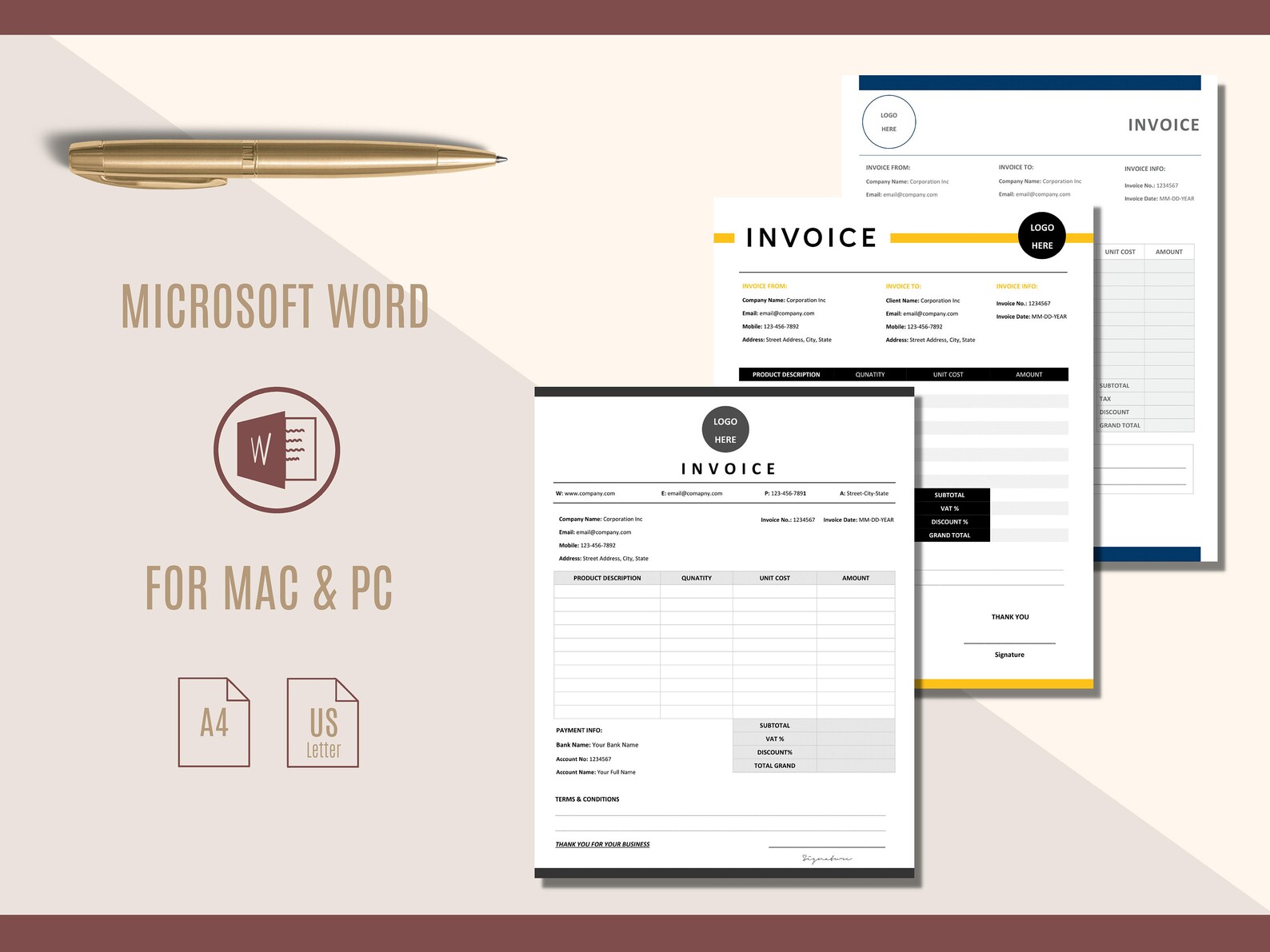 Invoice Template Word, Invoice Template Download, Editable Template for ...