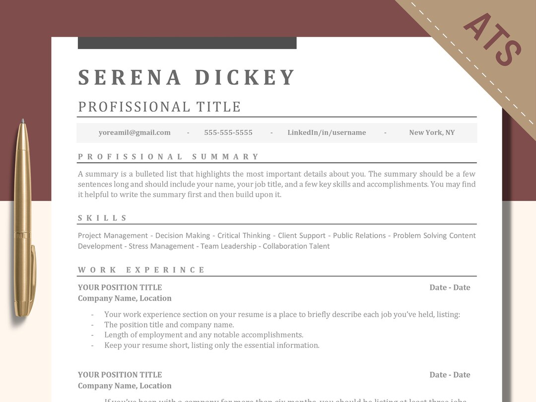 Job Resume Template, ATS Friendly Resume Template for Microsoft Word ...