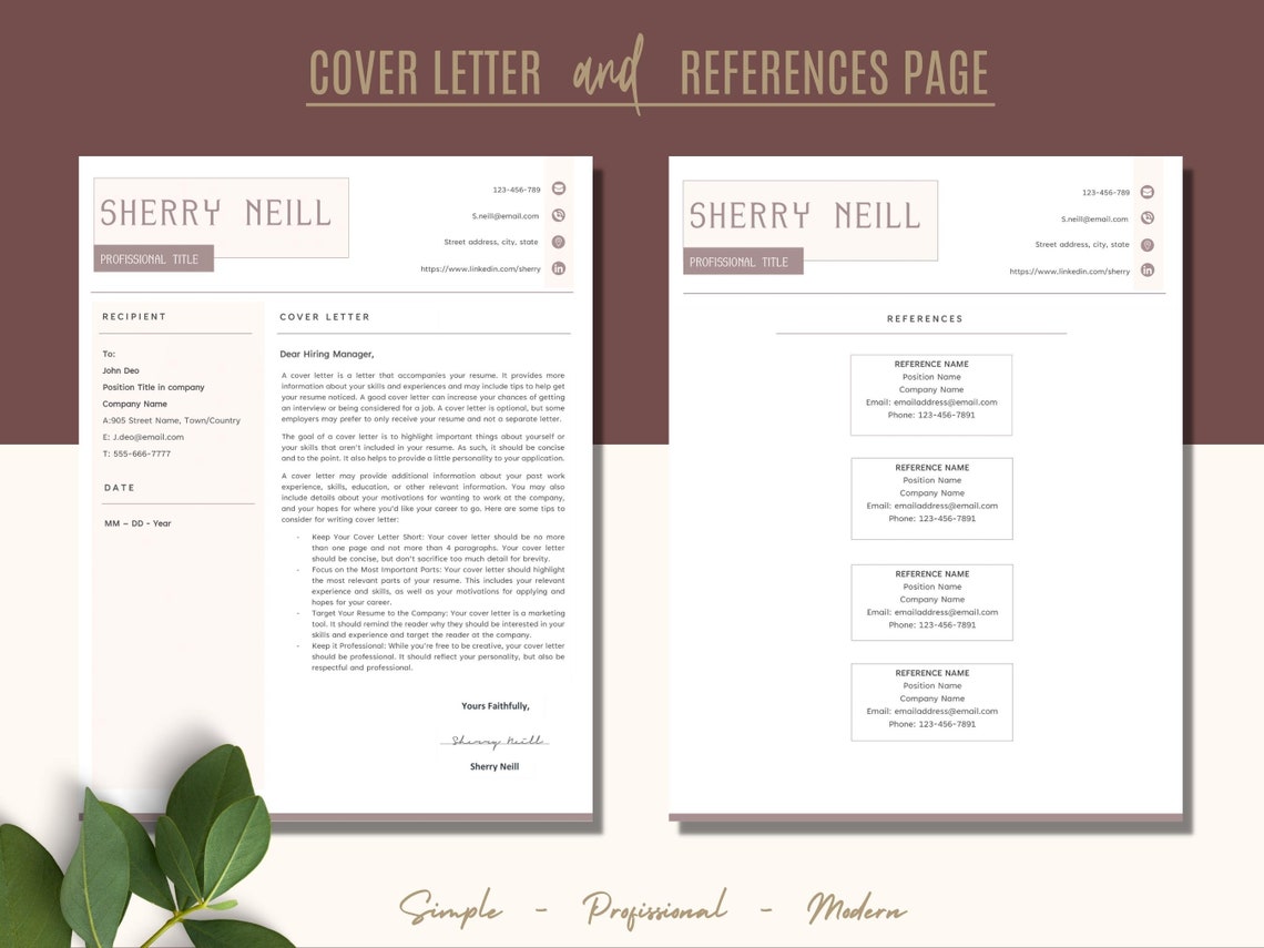 Pink Resume Template, Two Page Resume, Modern Resume, Resume and Cover ...