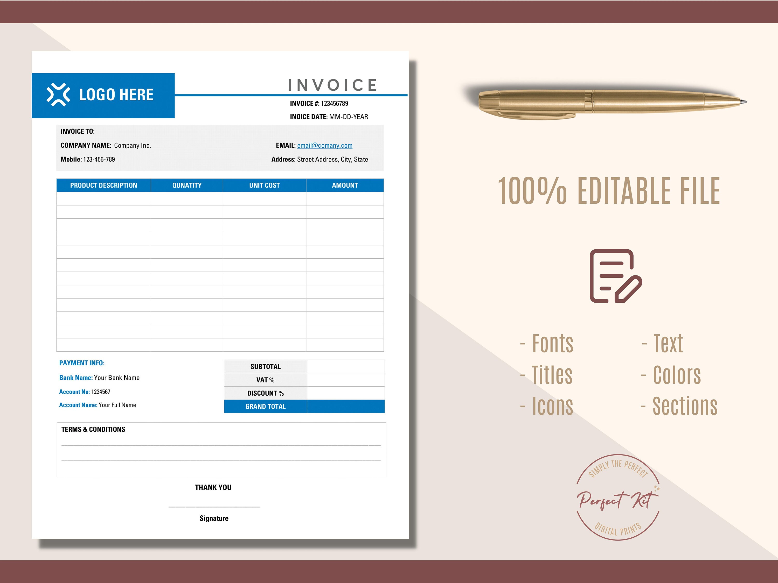 Blue Invoice Template With Logo, Small Business Invoice Template ...