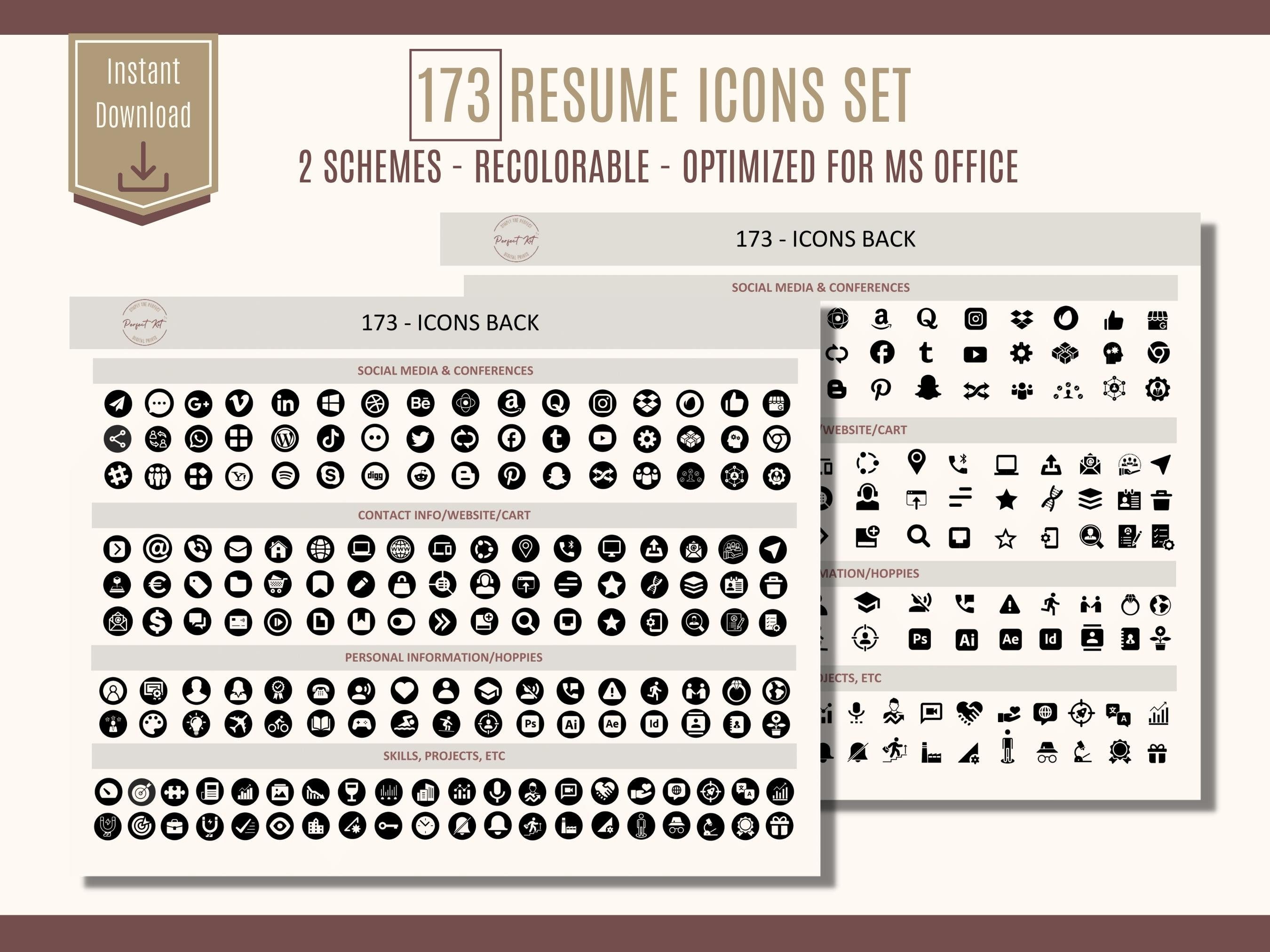 Resume Icons Set, Recolorable Icons for Microsoft Word, Powerpoint and ...