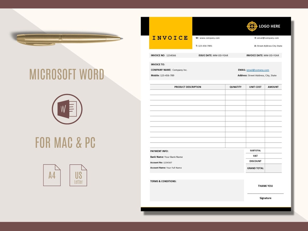 Invoice Word Template for Small Business, Modern Editable Invoice ...