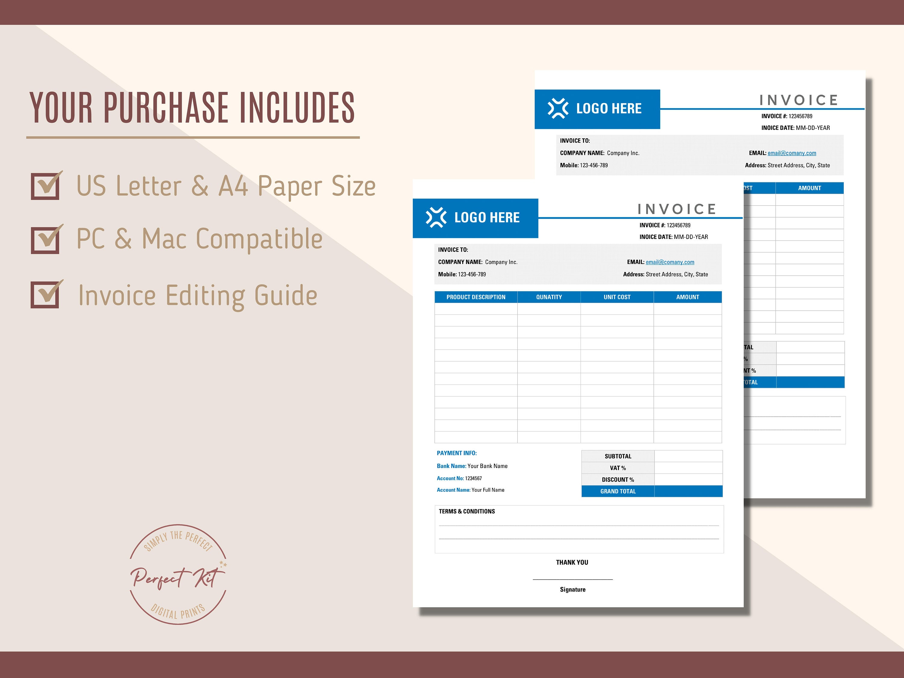 Blue Invoice Template With Logo, Small Business Invoice Template ...