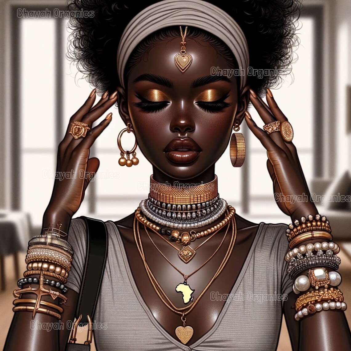Digital Ai Artwork of Black Woman African American Maximalist Jewelry ...