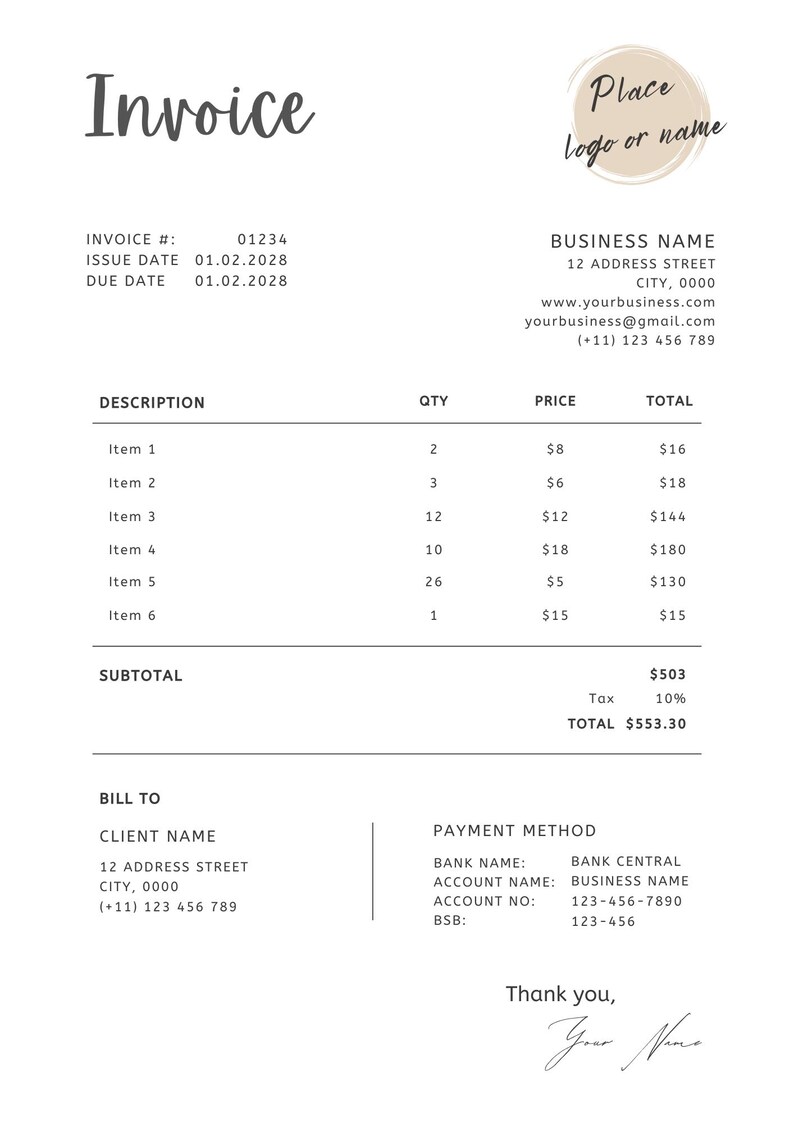 Invoice Template | Customisable Invoice | A4 + Letter Invoice Template ...