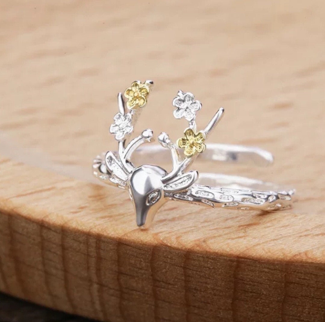 Silver Deer Ring Deer and Flower Ring 925 Sterling Silver - Etsy