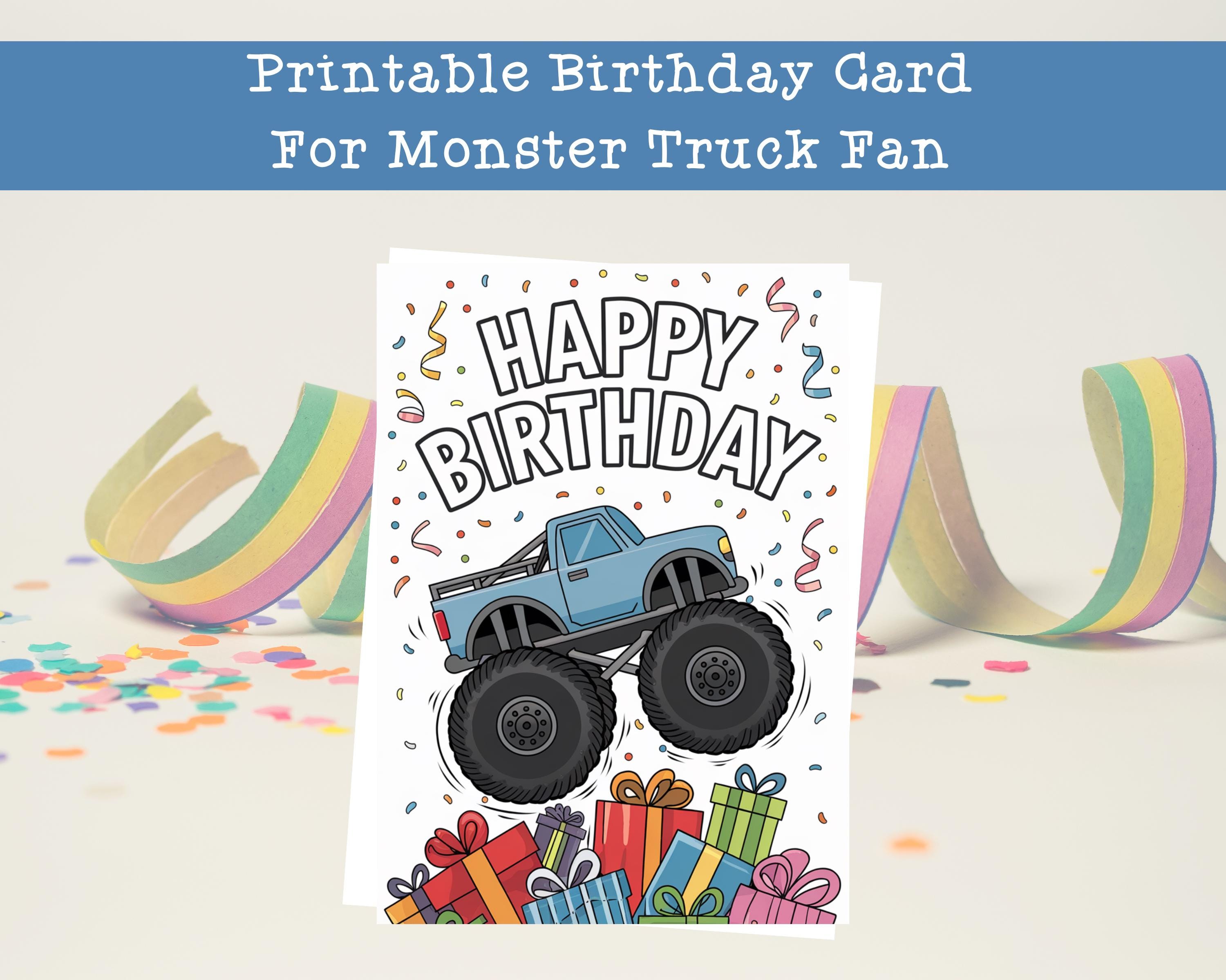 Printable Monster Truck Theme Birthday Card, Birthday Card With Big Car ...