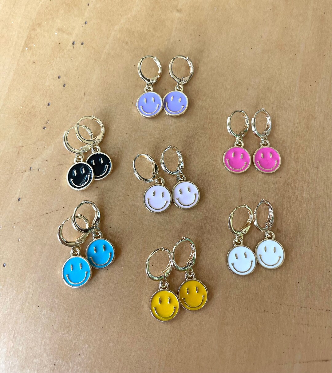 Gold Multicolor Smiley Face Huggie Hoop Earrings, Smiley Face Enamel ...