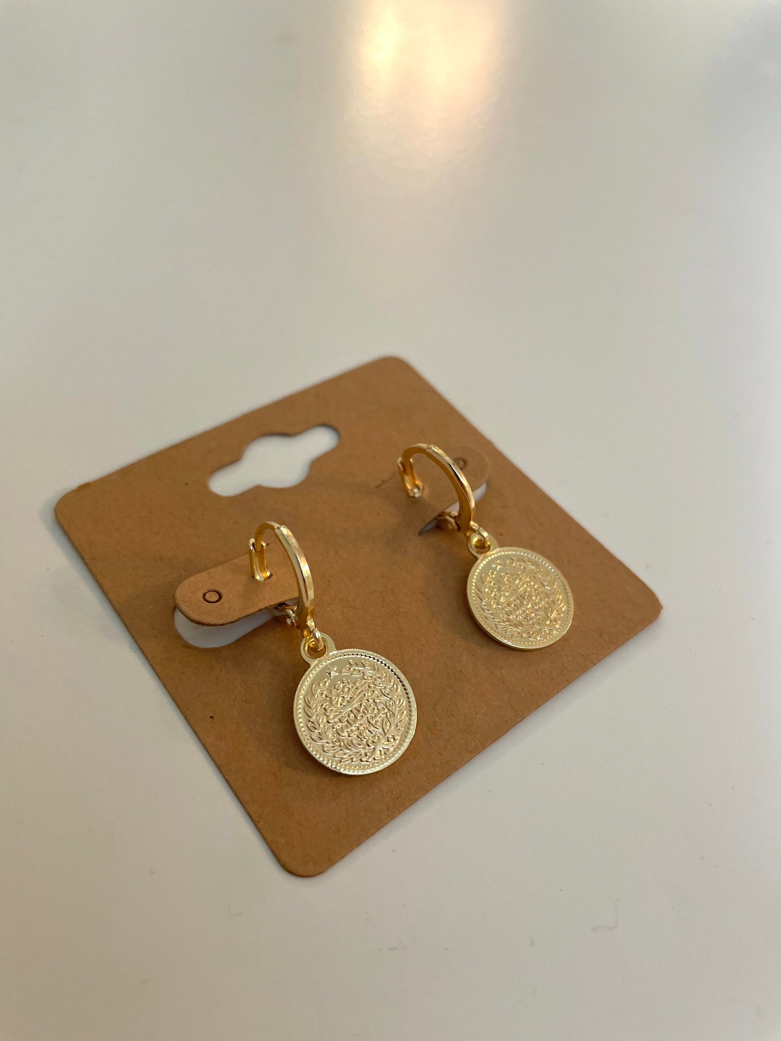 Gold Coin Hoop Earrings Dangle Huggie Hoops 18k Plated Gold - Etsy
