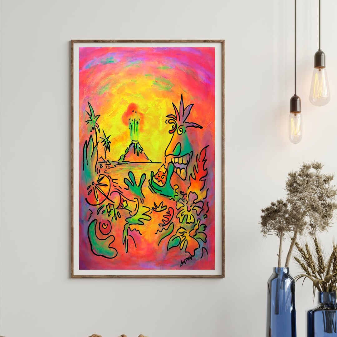 Tiki Islander With Volcano in Background / Original Artwork Acrylic ...