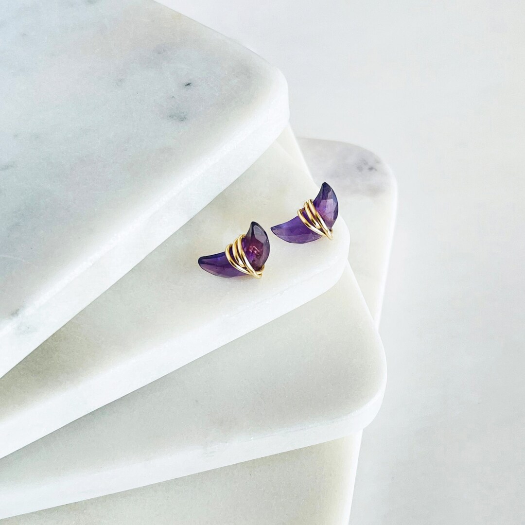 Amethyst Studs Earrings, Moon Crescent Amethyst Earrings, Gold Amethyst Post Earrings ...