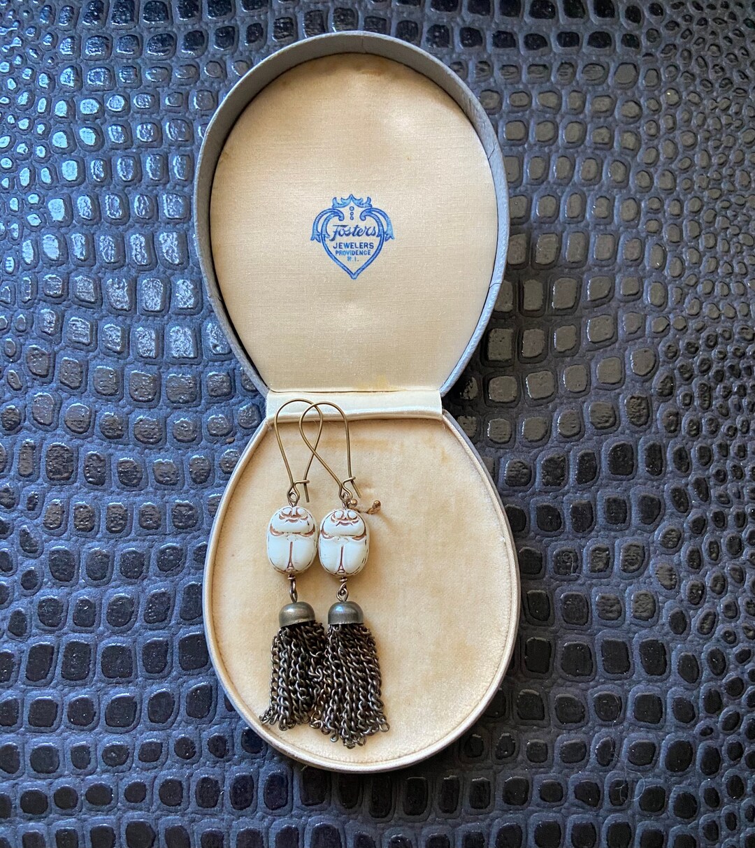 Handmade Reclaimed Vintage White Glass Scarab Beetle Tassel Dangle ...