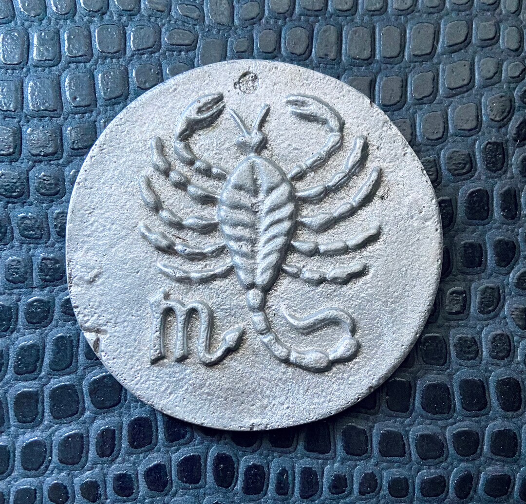 Vintage Metallic Silver Colored Round Metal Scorpion Scorpio Zodiac ...