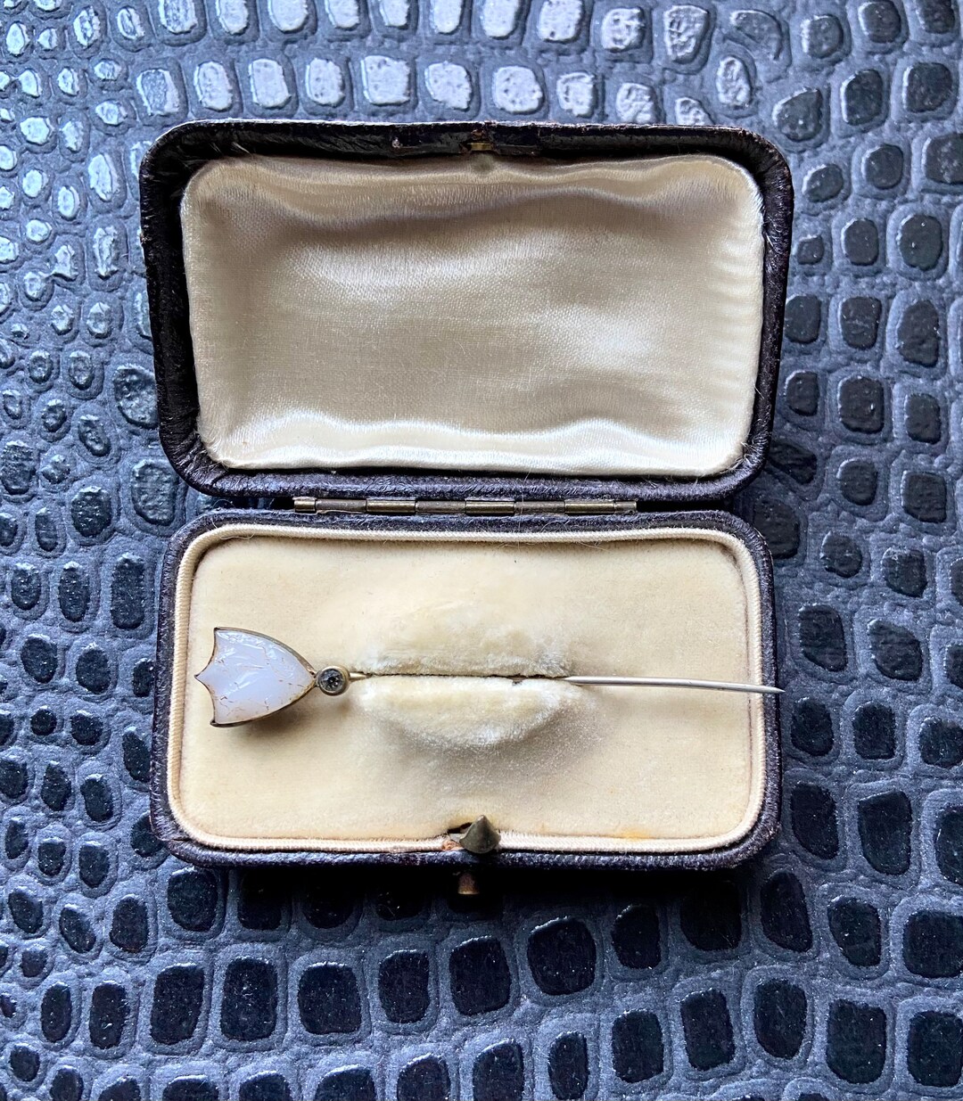 Antique Art Deco 1920's Brass Hat Pin Stick Pin White Glass Shield ...