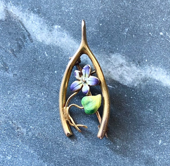 Antique Victorian 10k Gold Wishbone Brooch Pin Enamel… - Gem