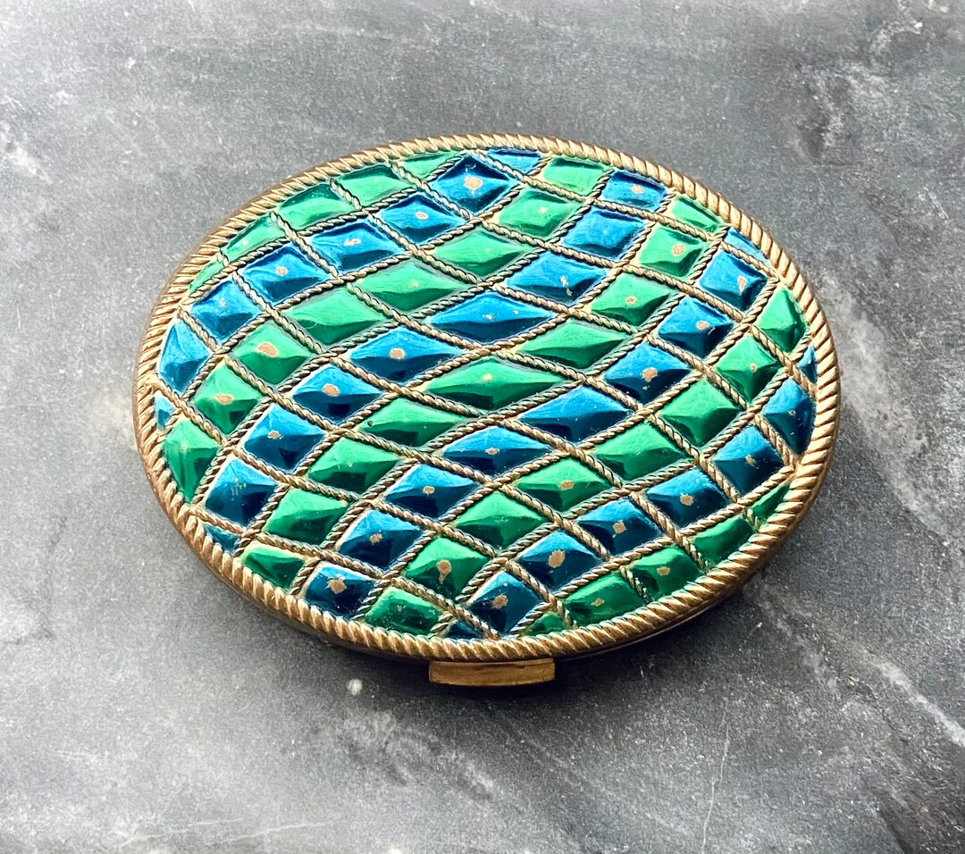 Vintage Brass Oval Green and Blue Patterned Jewel Toned Avon Compact ...
