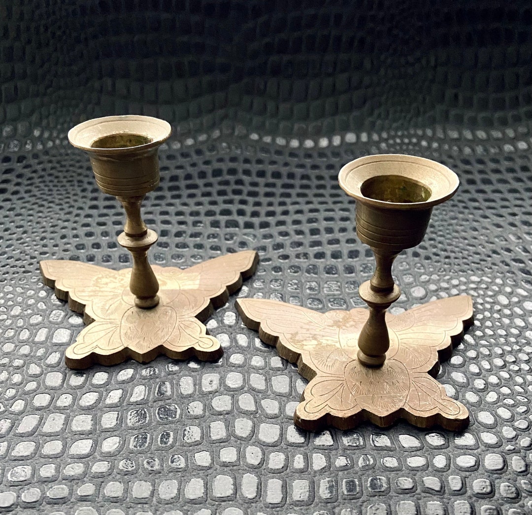 Vintage Pair Brass Moth Butterfly Insect Candle Holders Candleholders ...