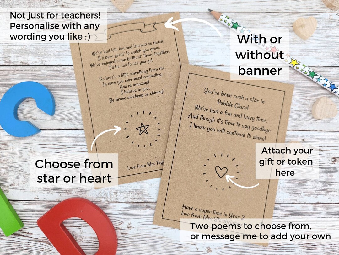 A6 Printed Teacher Poem Cards, End of Year Class Gift, for Handmade ...