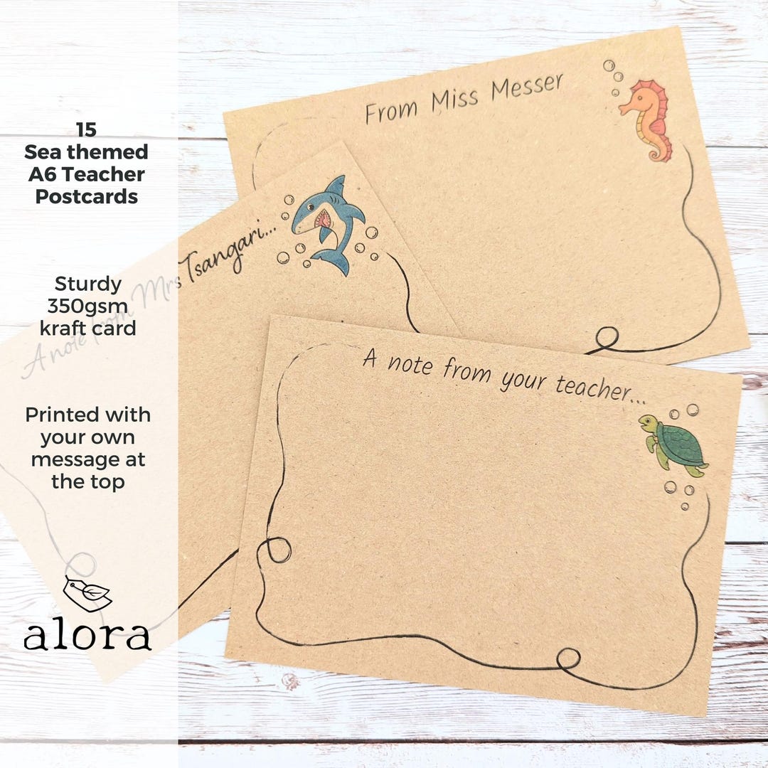15 Personalised Teacher Postcards, Printed With Shark, Turtle or ...