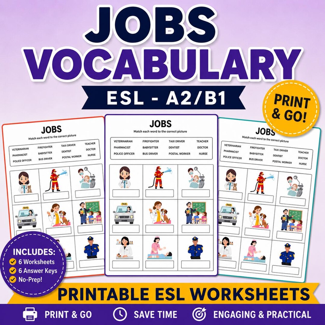 ESL Jobs & Occupations Vocabulary Worksheets A2–B1 | Matching ...
