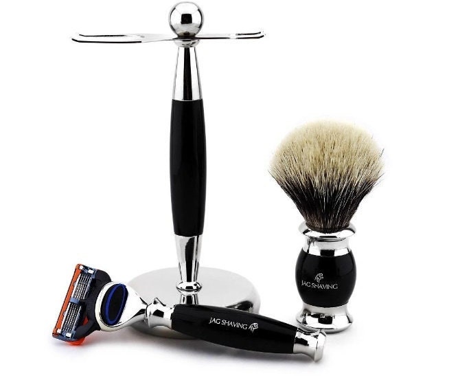 Luxury Black 3 Piece Shaving Set With Silver Tip Hair Shaving Brush, 5 ...