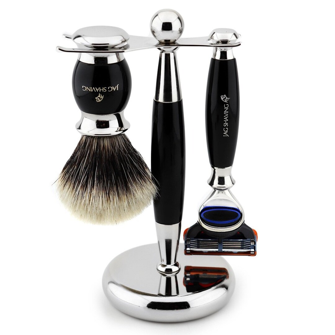 Luxury Black 3 Piece Shaving Set With Silver Tip Hair Shaving Brush, 5 ...