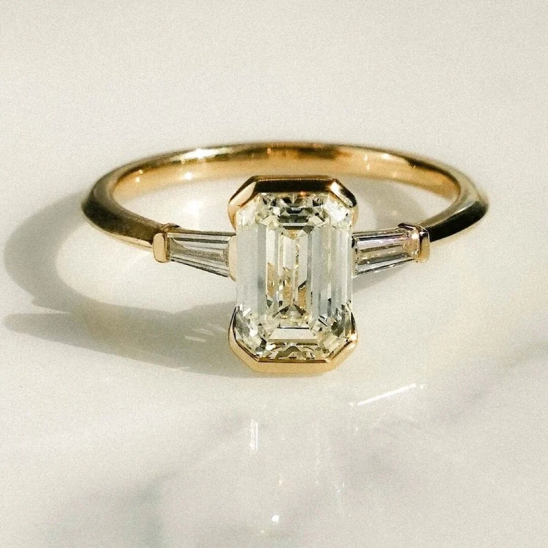 Three Stone Emerald Cut Moissanite Engagement Ring, Half Bazel Set With ...